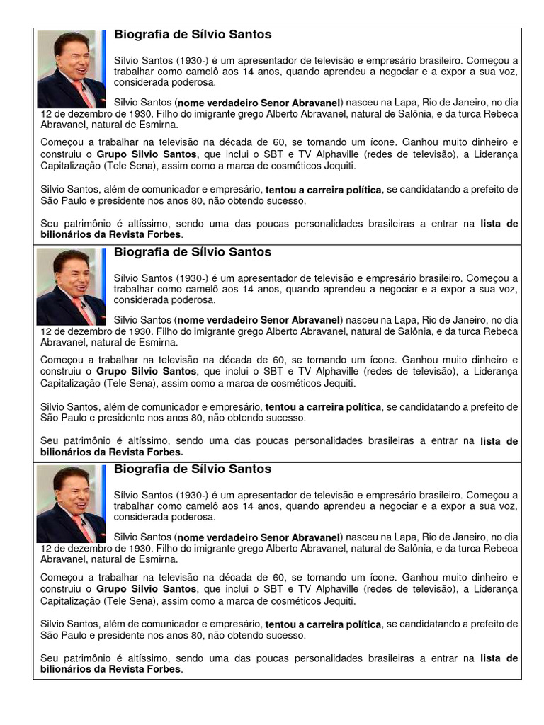 1º A e B - Biografia de Sílvio Santos | PDF | Brasil