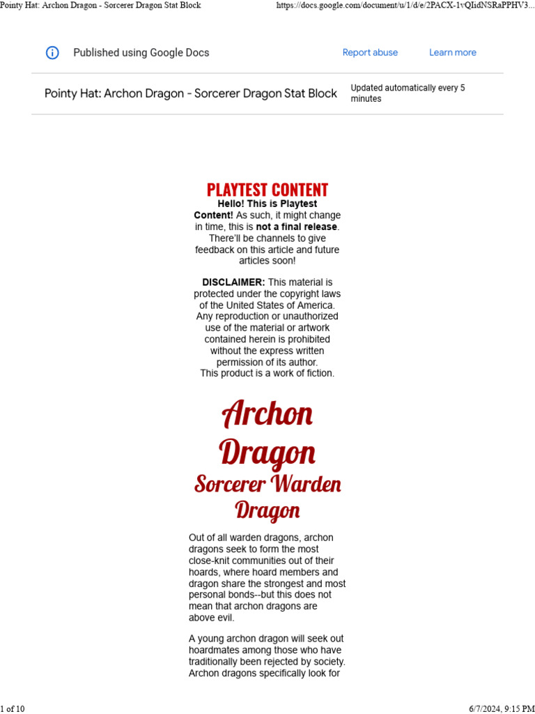 Pointy Hat Archon Dragon - Sorcerer Dragon Stat Block | PDF | Copyright ...