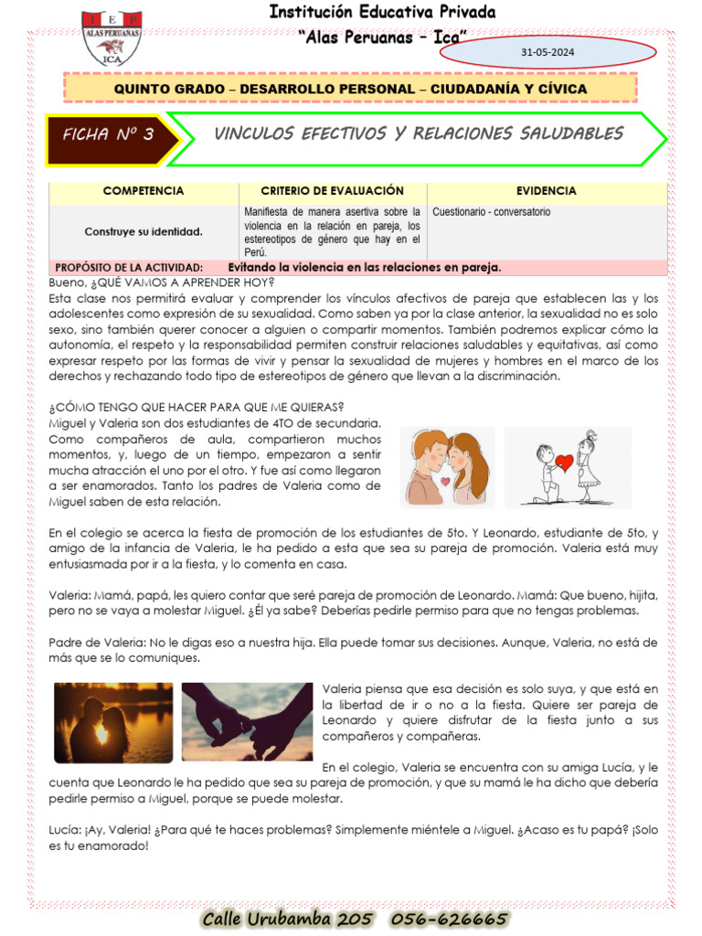 Ficha de Trabajo 2024 Vinculos Afectivos y Relaciones Saludables | PDF | La sexualidad humana ...