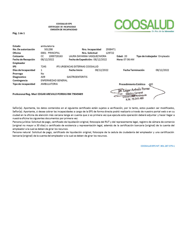 INCAPACIDAD COOSALUD | PDF