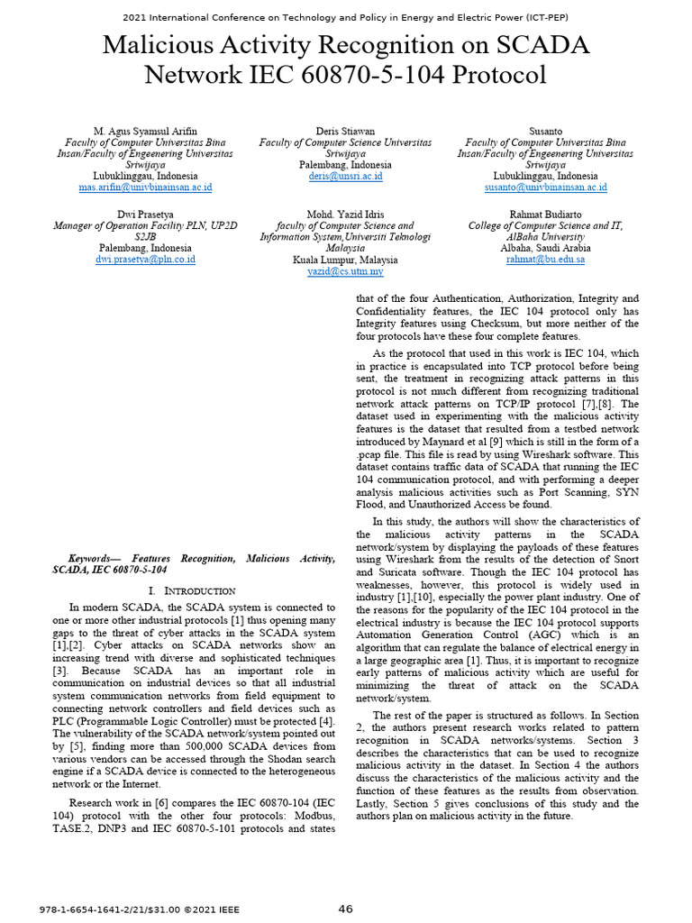 Malicious Activity Recognition on SCADA IEC 104 Network | PDF ...