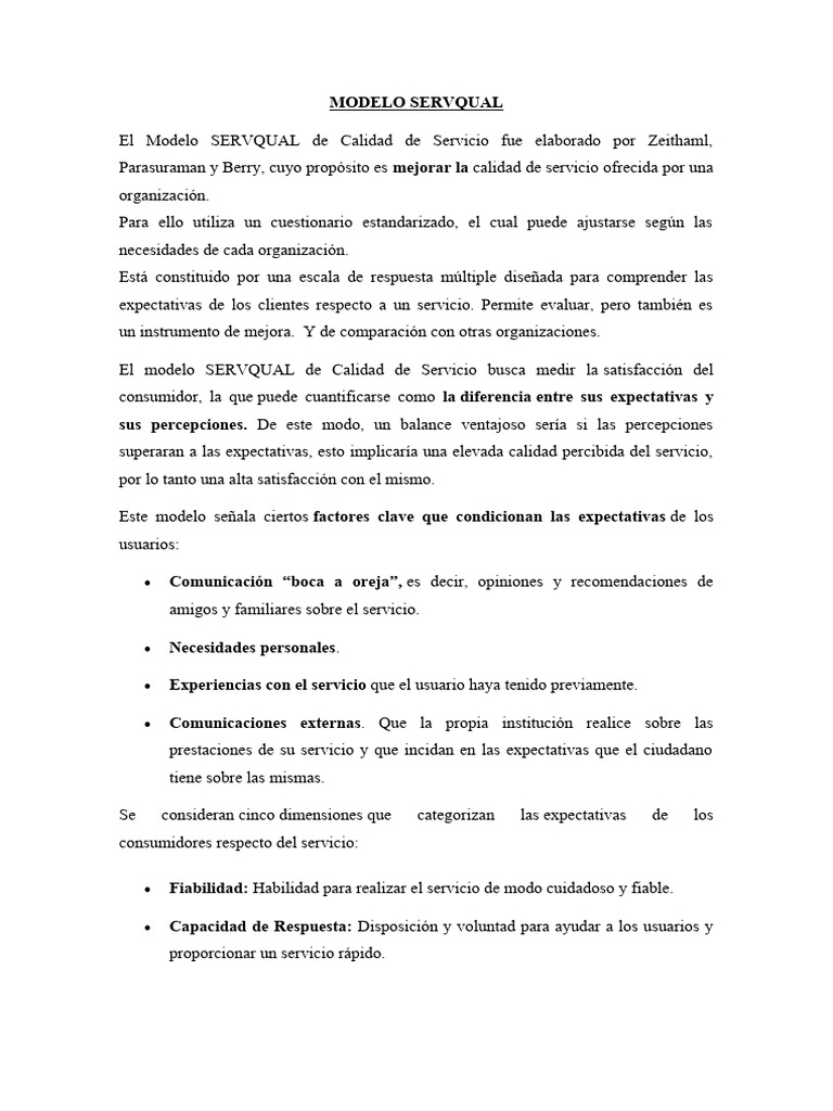 MODELO SERVQUAL | PDF | Calidad (comercial) | Marketing