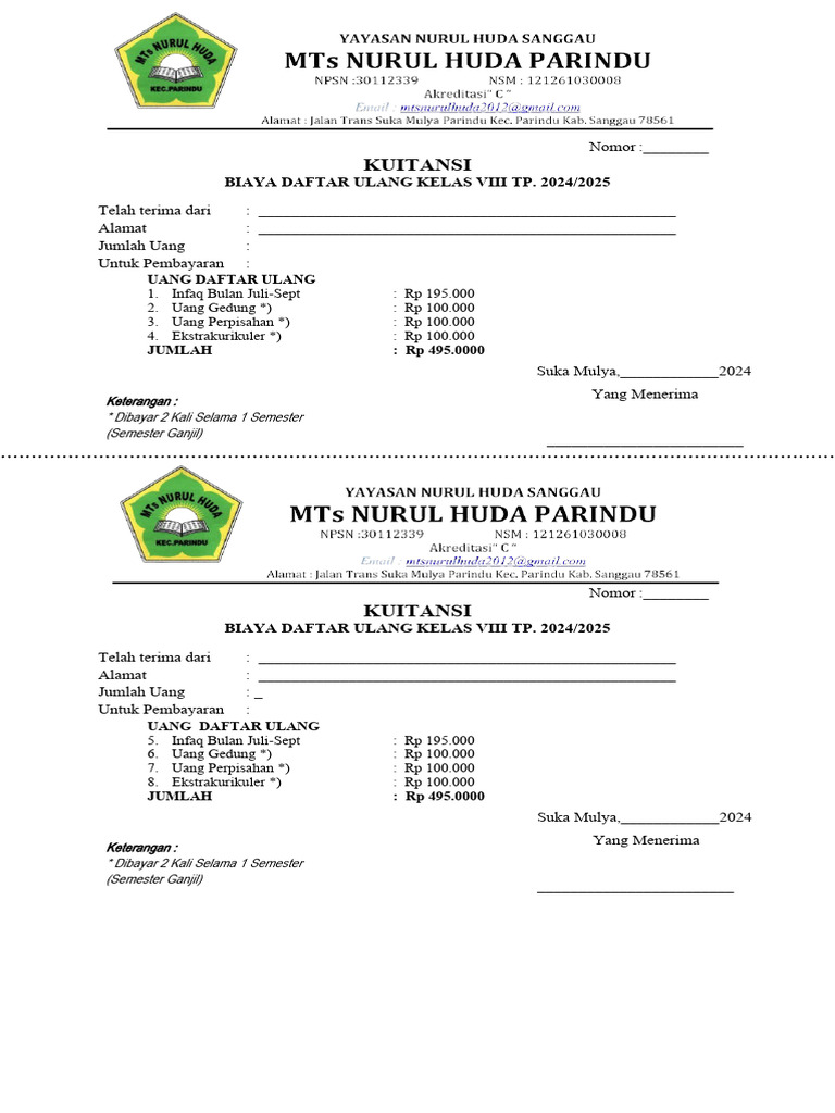 Kuitansi DAFTAR ULANG MTs Nurul Huda Parindu | PDF