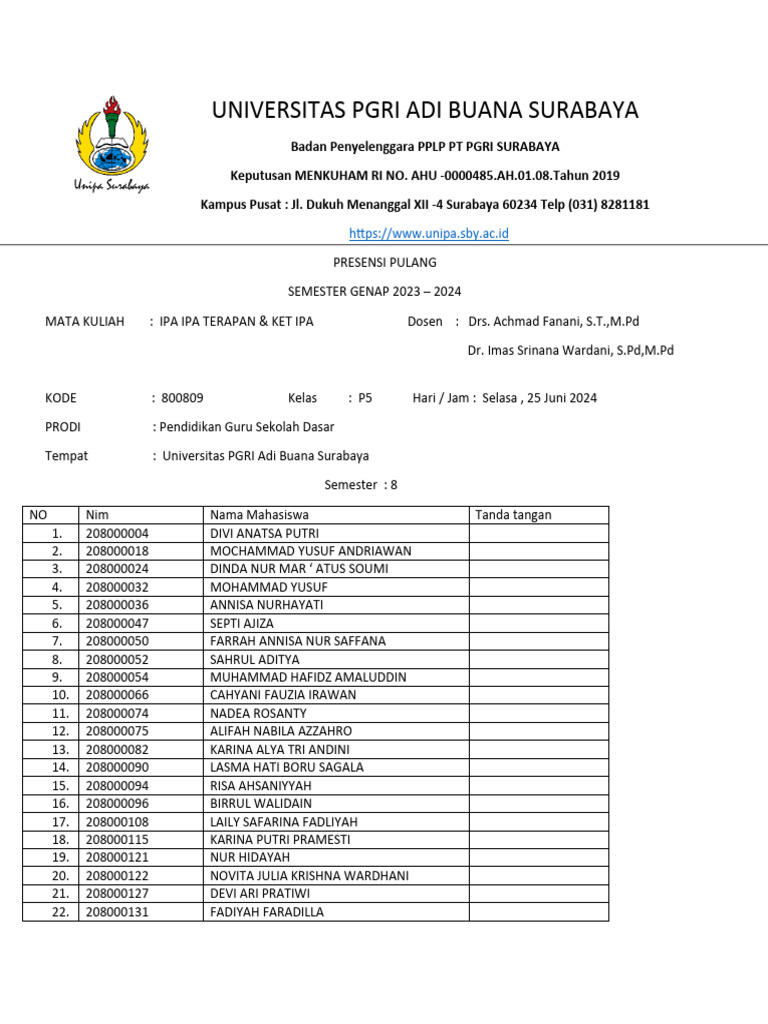 ABSENSI BU IMAS AWAL UNIVERSITAS PGRI ADI BUANA SURABAYA Fiiix | PDF