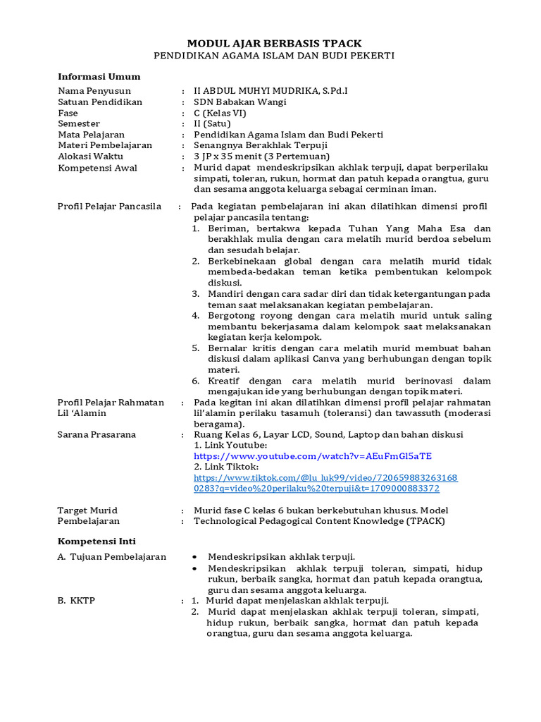 Modul Ajar Berbasis Tpack Kelas 6 Tpack | PDF