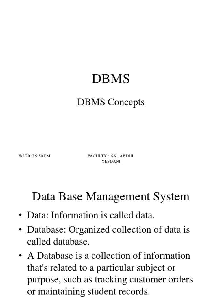 DBMS Concepts Explained: Data, Databases, DBMS Components and Services | PDF | Relational ...