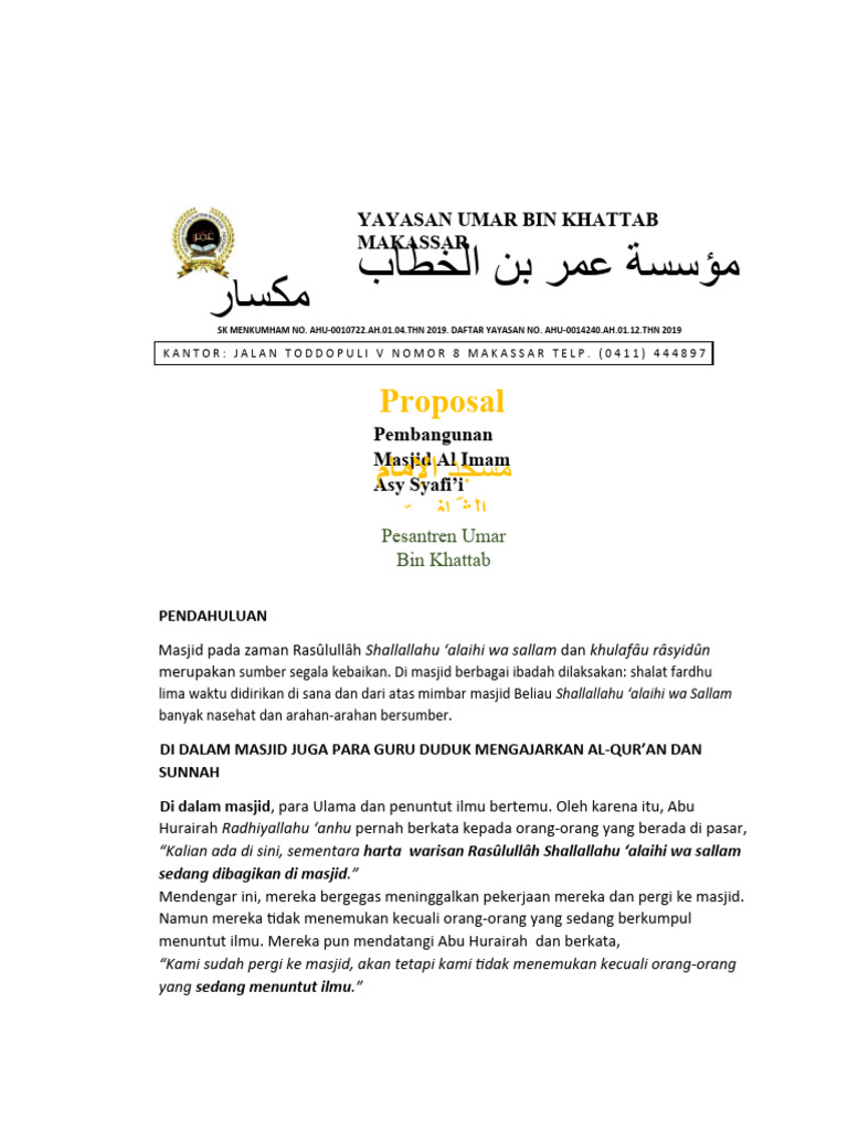 Proposal Pembangunan Masjid Al Imam Asy Syafi'i Pesantren Umar Bin Khattab Takalar | PDF | Agama ...