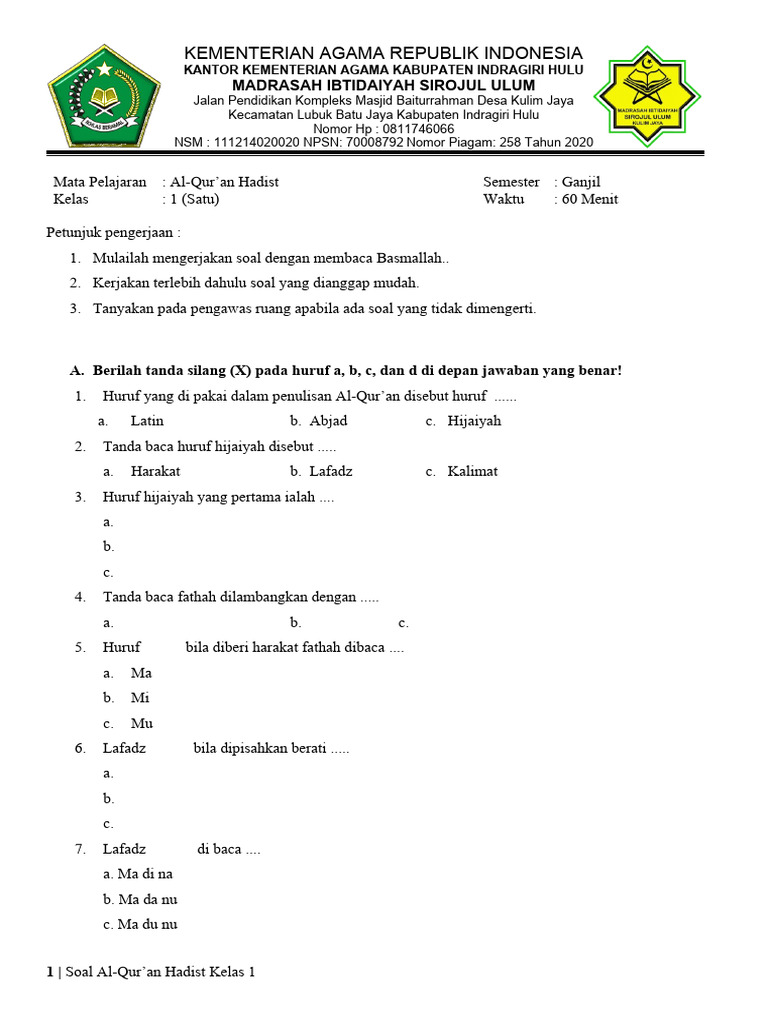Soal Al-Qur'an Hadist Kelas 1 MI | PDF