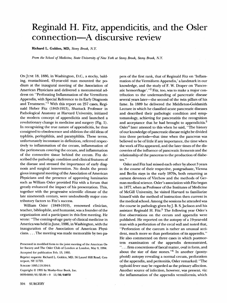 GOLDEN. Reginald H. Fitz, Appendicitis, and The Osier | PDF | Pancreas ...