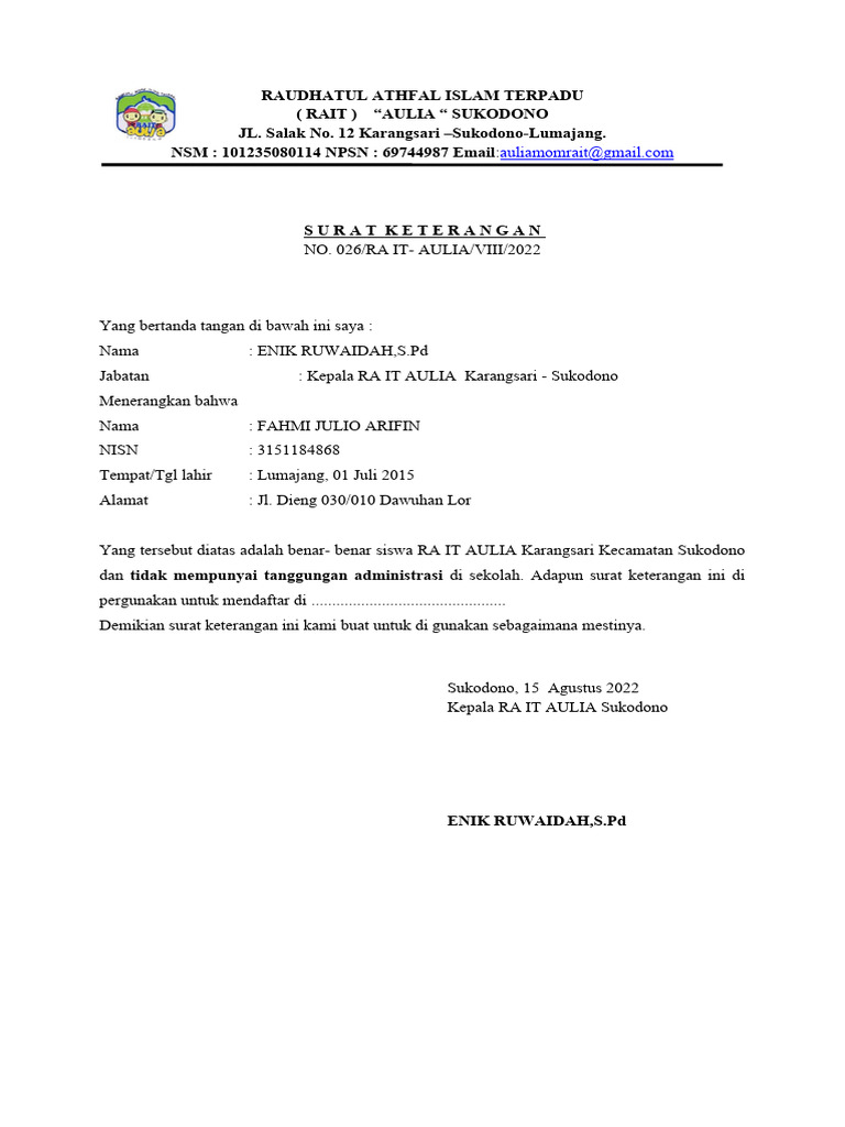 Surat Keterangan Fahmi | PDF