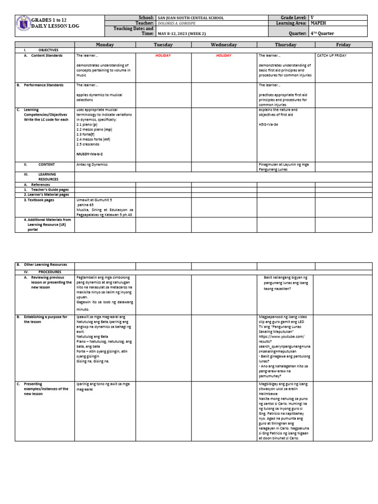 Grade 5 DLL MAPEH 5 Q4 Week 2 NEW | PDF