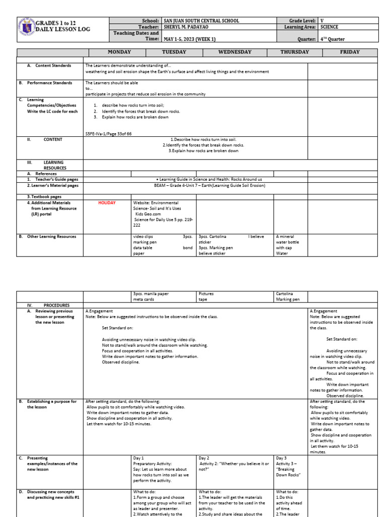 Grade 5 DLL SCIENCE 5 Q4 Week 1 | PDF | Learning | Classroom