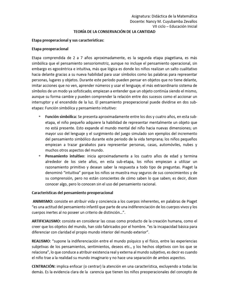 Conservacion de La Cantidad | PDF | Pensamiento | Educación de la primera infancia