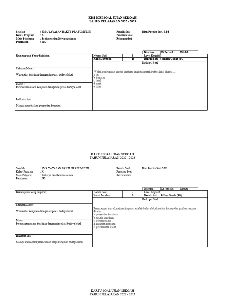 Kartu Soal Pkwu - X | PDF