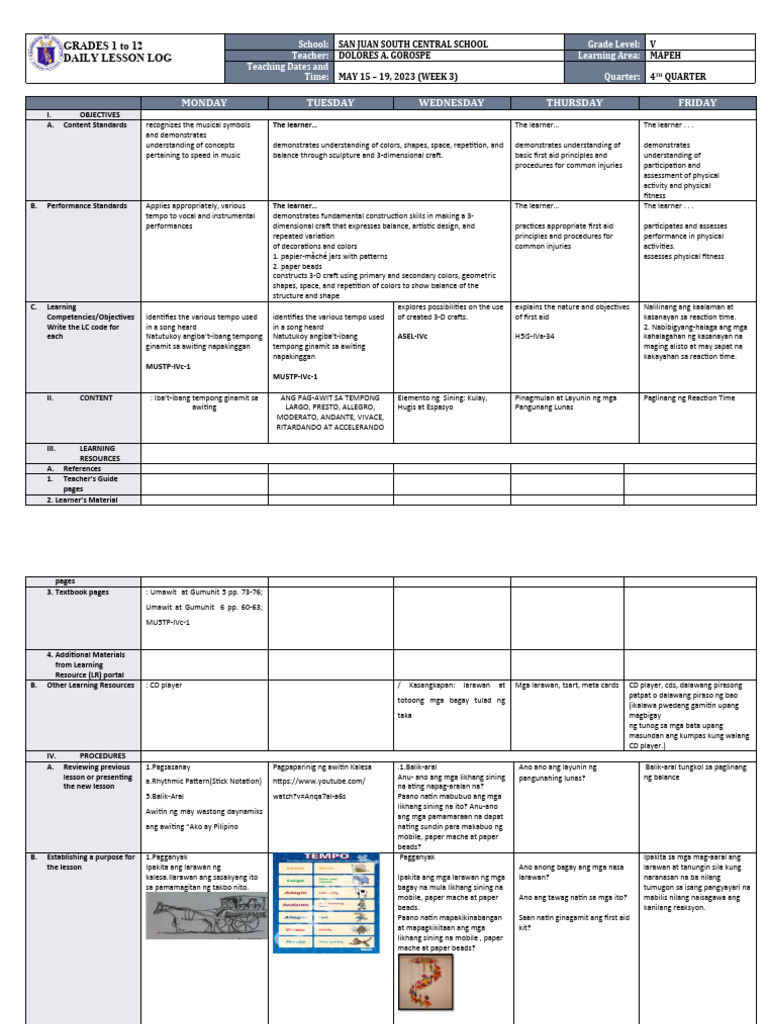 DLL - Mapeh 5 - Q4 - W3 | PDF