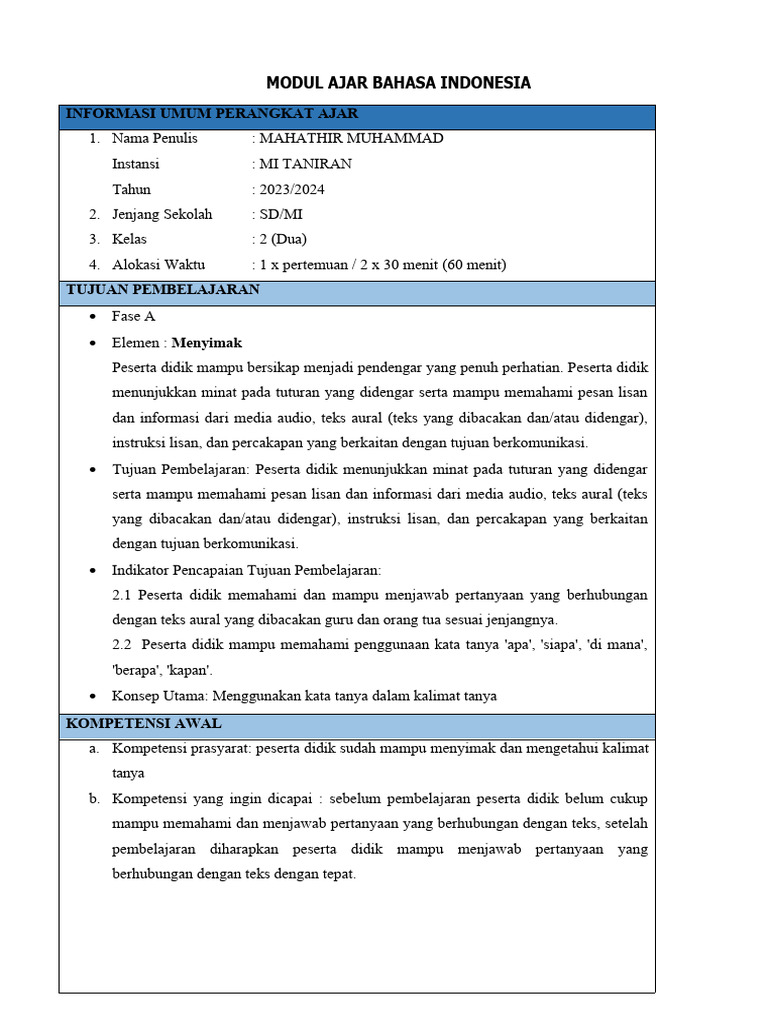 Modul Ajar Bahasa Indonesia Kalimat Tanya Kelas 2 | PDF | Seni ...