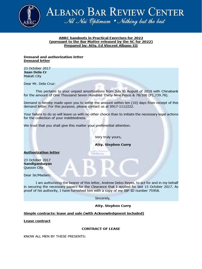 ABRC Handouts in Practical Exercises For 2022 | PDF | Lease | Surety