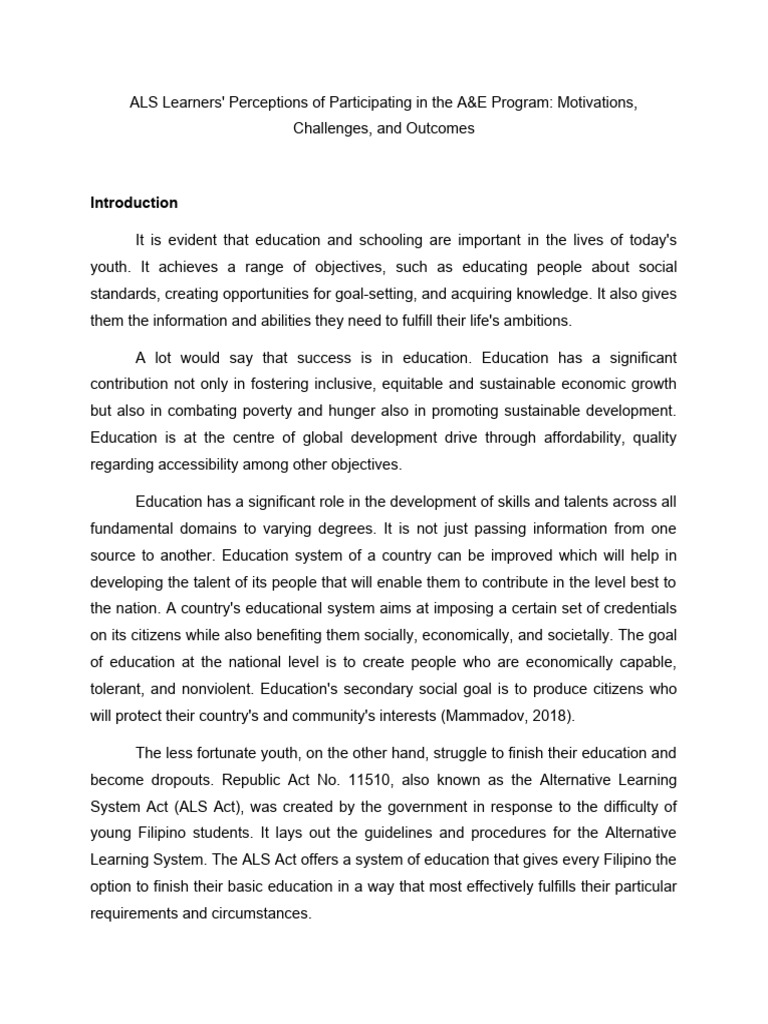 ALS Learners' Perceptions of Participating in The A&E Program | PDF ...