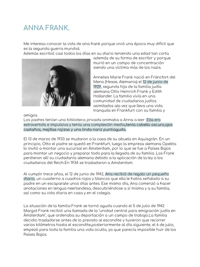 Biografía Ana Frank | Descargar gratis PDF | Anne Frank