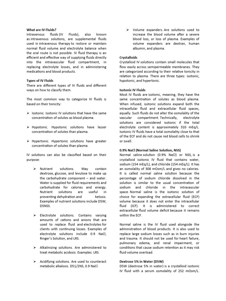 IV Fluids | PDF | Intravenous Therapy | Saline (Medicine)
