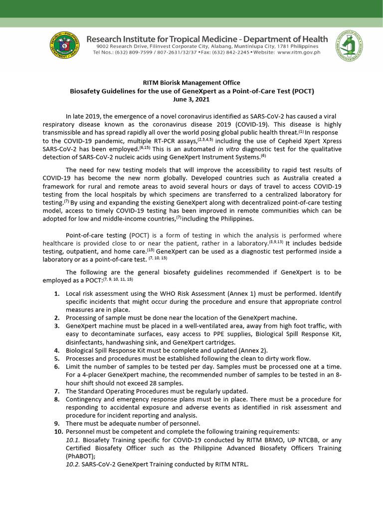 Biosafety Guidelines for the Use of GeneXperts as a Point-Of-Care Test ...