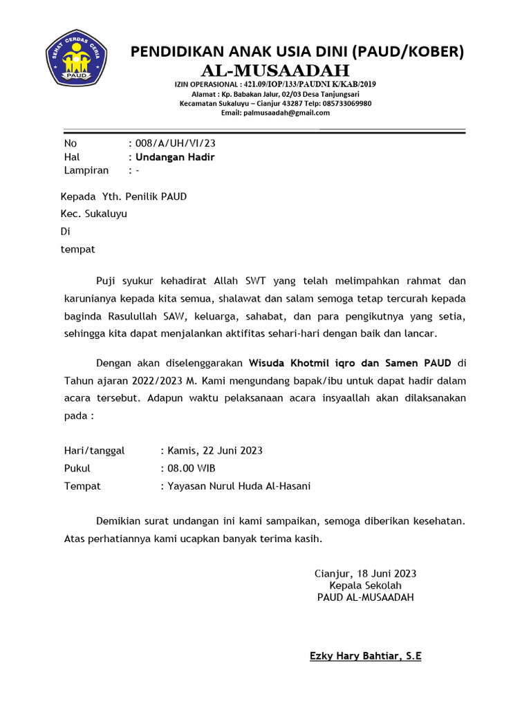 Surat Undangan Penilik PAUD | PDF