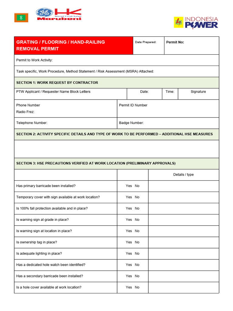 5. Grating_Flooring_Hand-Railing Removal Permit_PTW Procedure | PDF