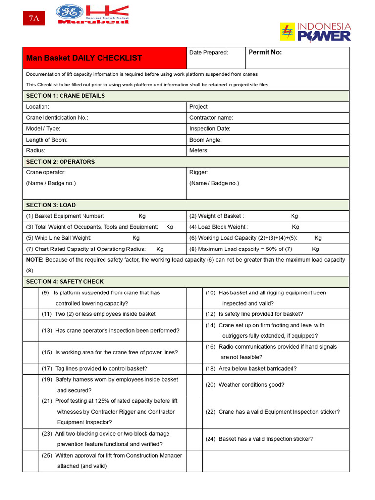 7A. Man Basket Daily Checklist_PTW Procedure | Download Free PDF ...