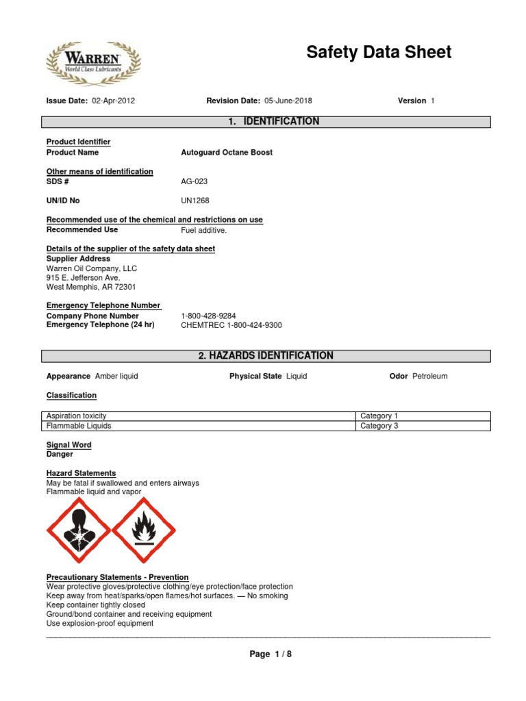 AG023 - SDS - Autoguard Octane Boost | PDF | Dangerous Goods | Personal ...