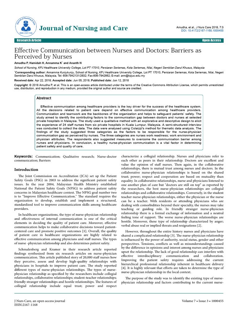 Effective Communication Between Nurses and Doctors Barriers Asperceived ...