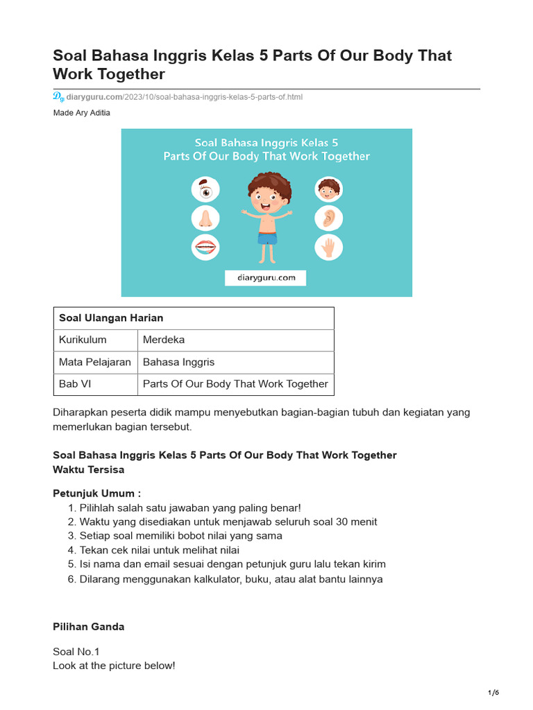 Soal Bahasa Inggris Kelas 5 Parts of Our Body That Work Together | PDF | Language Arts ...