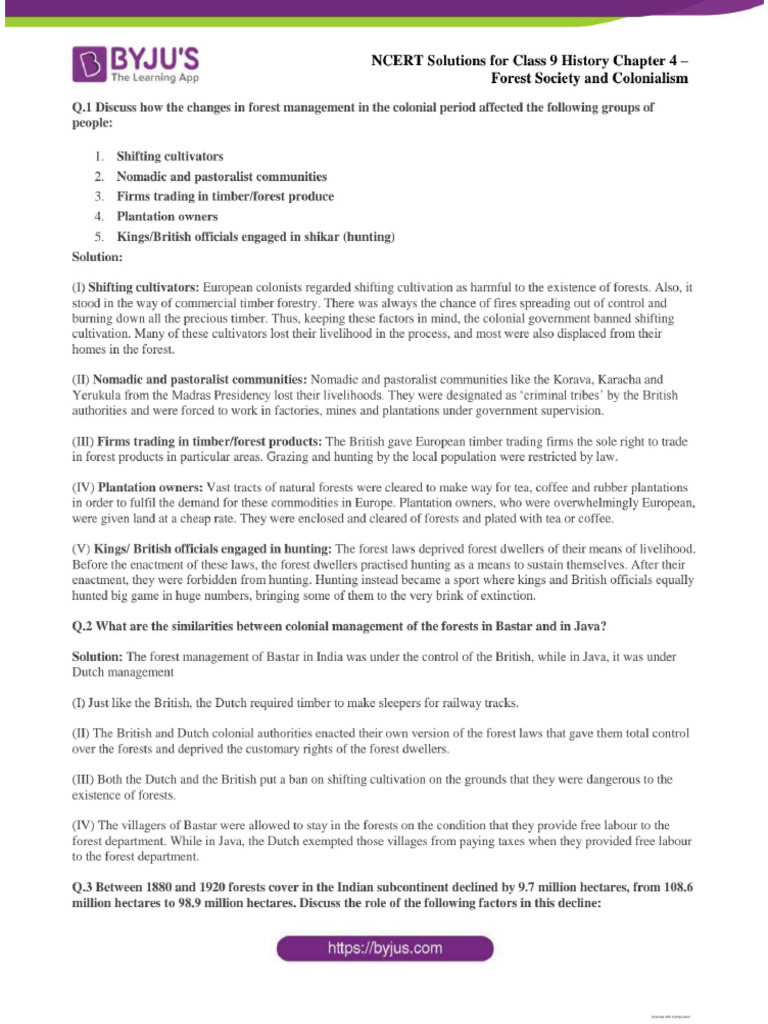 NCERT Solutions For Class 9 History Chapter 4 Forest Society and ...