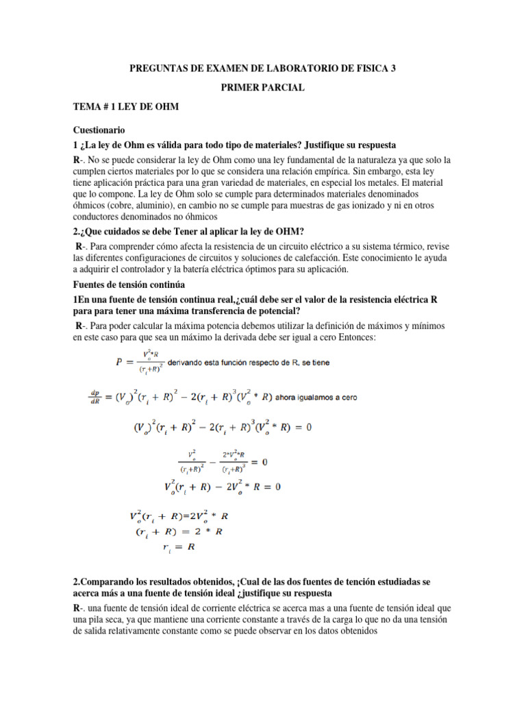 Preguntas de Primer Parcial Laboratorio Fisica III | PDF | Resistencia Eléctrica y Conductancia ...