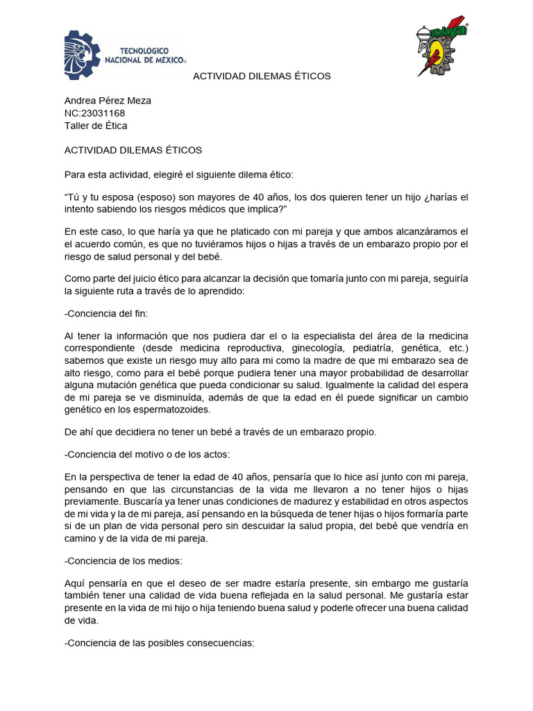 Actividad Dilemas Éticos | Descargar gratis PDF | El embarazo | Subrogación