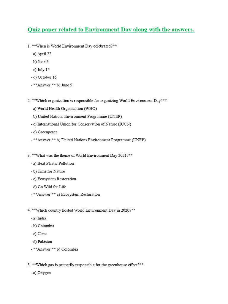Environment Day Quiz Question and Answer | PDF | Greenhouse Gas | Chlorofluorocarbon