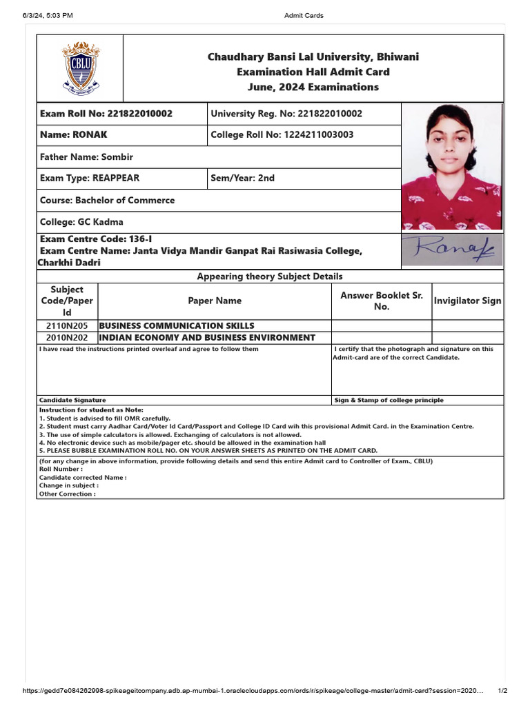 Admit Cards BCOM 2ND SEM REAPPEAR | PDF