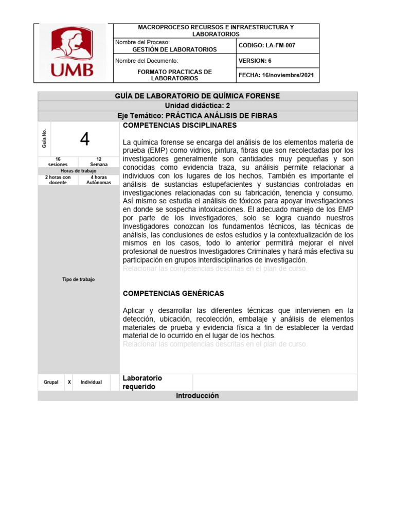 La-Fm-007 P 4-Analisis de Fibras Formato Practicas de Laboratorios 2022 | PDF | Laboratorios | Pelo