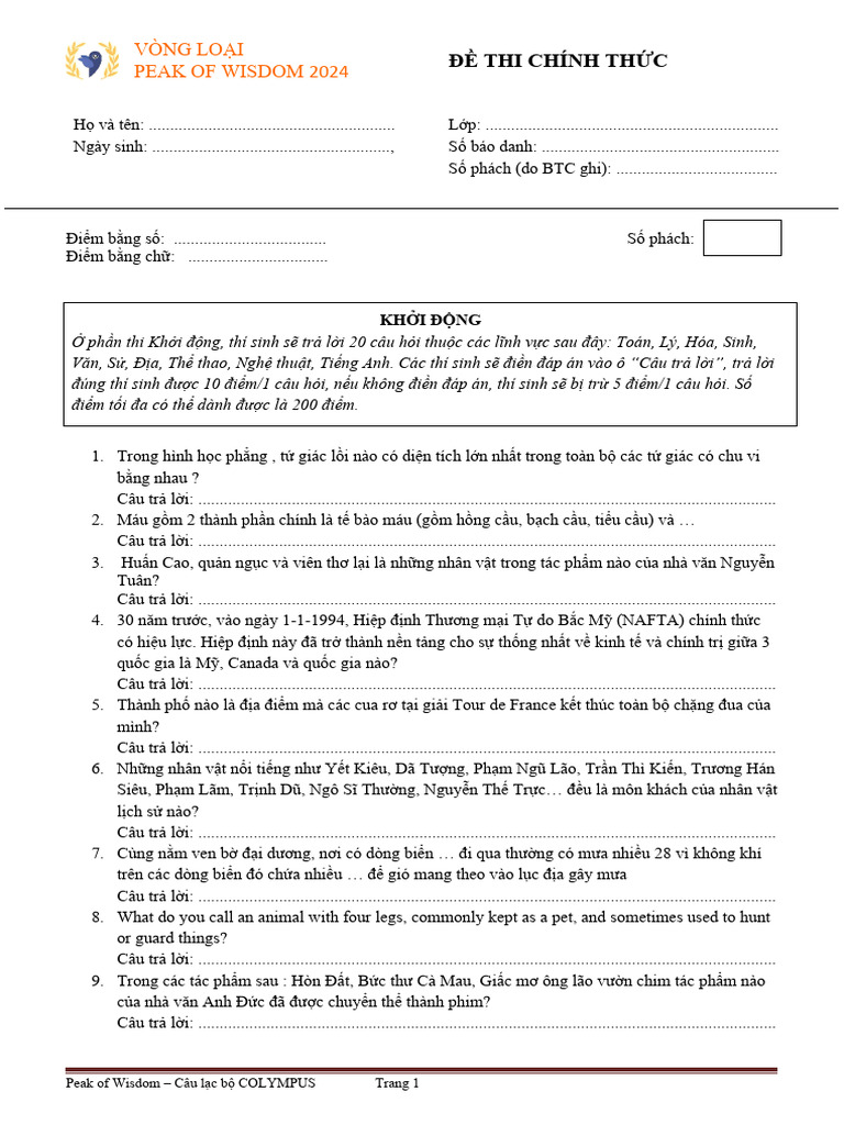 Đề Thi Vòng Loại POW 2024 | PDF