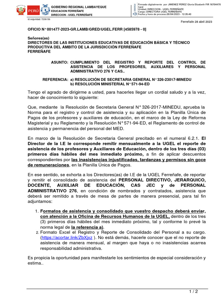 53417-ugel-ferr-CUMPLIMIENTO DEL REGISTRO Y REPORTE DEL CONTROL DE | PDF