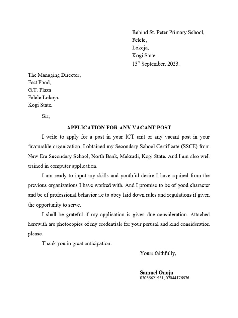 Application For Any Vacant Post GT Plaza Application Letter | PDF
