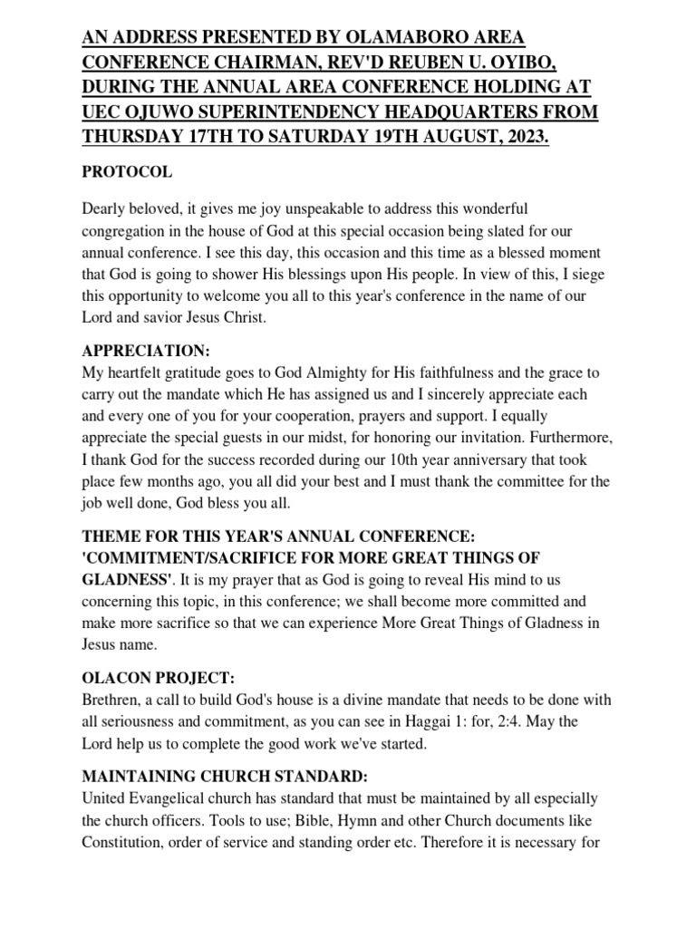 An Address Presented by Olamaboro Area Conference Chairman-1 | PDF ...