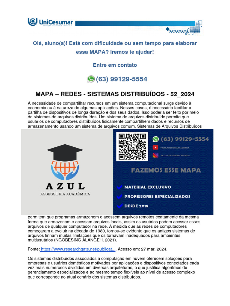 Mapa - Redes - Sistemas Distribuídos - 52 - 20241 | PDF | Sistema de processamento distribuído ...