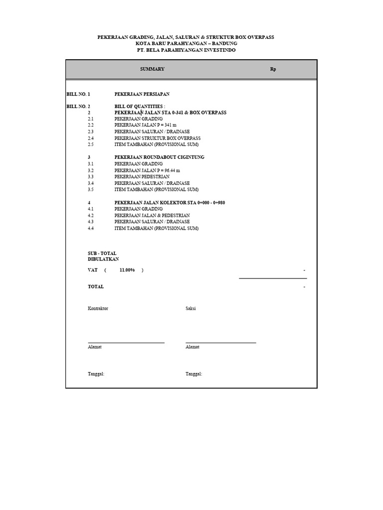BOQ #1 Grading, Jalan, Saluran & Struktur Box Overpass (R0) 23102023 Kontraktor | PDF