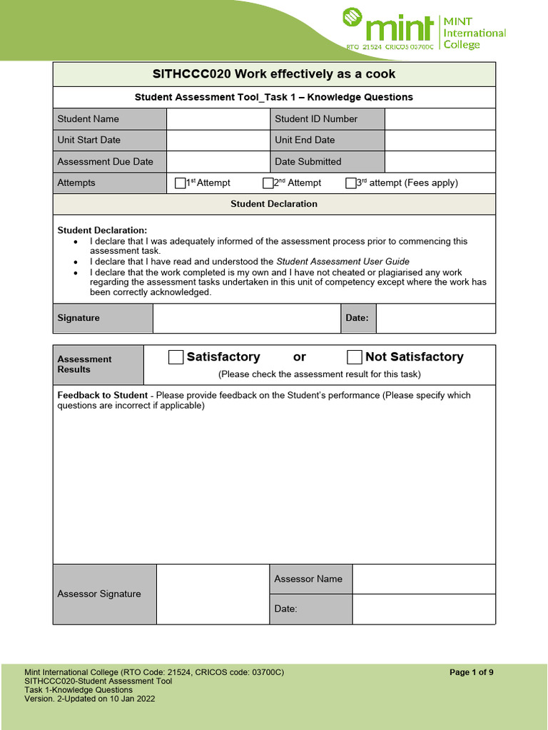 SITHCCC020 SAT - Task 1 - Knowledge Questions (Ver. 2) | PDF | Menu