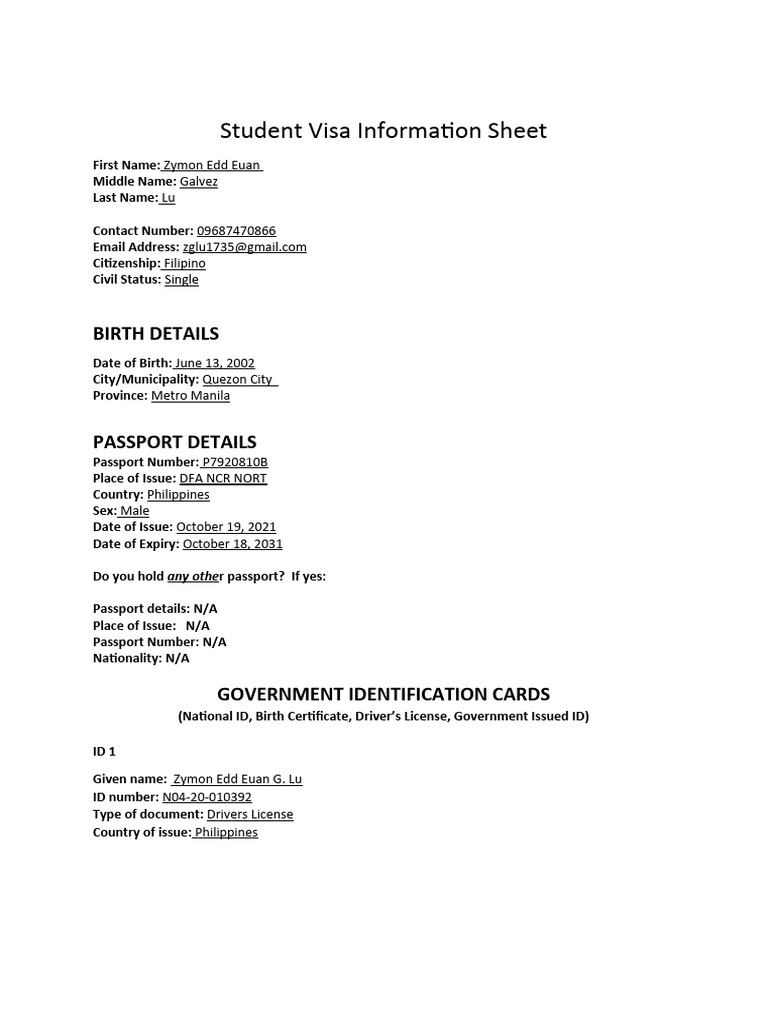 Revised Student Visa Information Sheet | PDF | Identity Document | Passport