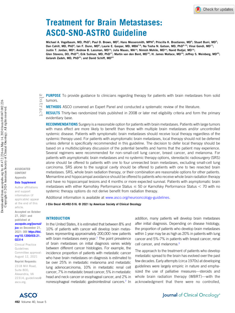 Vogelbaum Et Al 2021 Treatment For Brain Metastases Asco Sno Astro ...