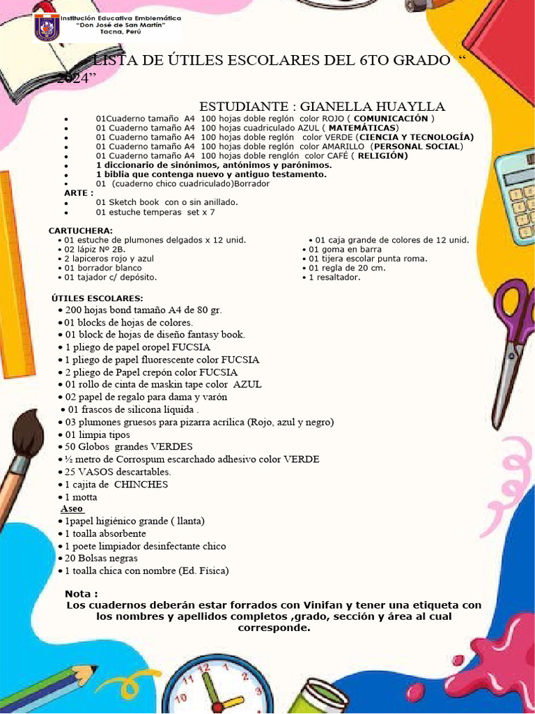 Lista de Útiles Escolares Del 6to Grado | Descargar gratis PDF | Arco iris | Color