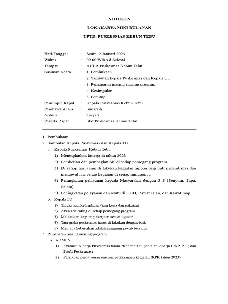Notulen Rapat Bulanan Dan Linsek 2023 | PDF