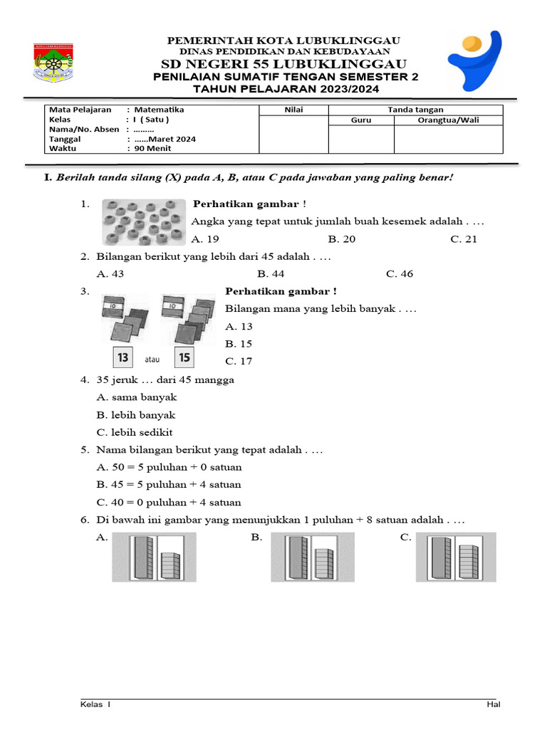 Soal STS - Matematika KLS 1 SMTR 2 2324 | PDF