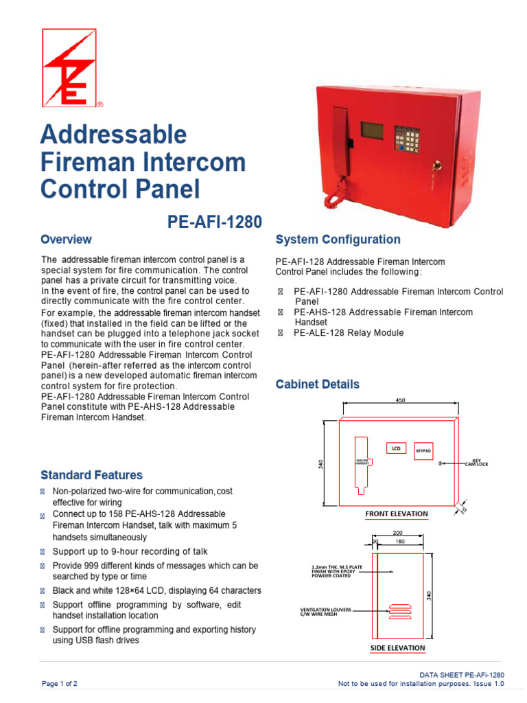 PE-AFI-1280 Addressable Fireman Intercom | PDF | Usb | Liquid Crystal ...